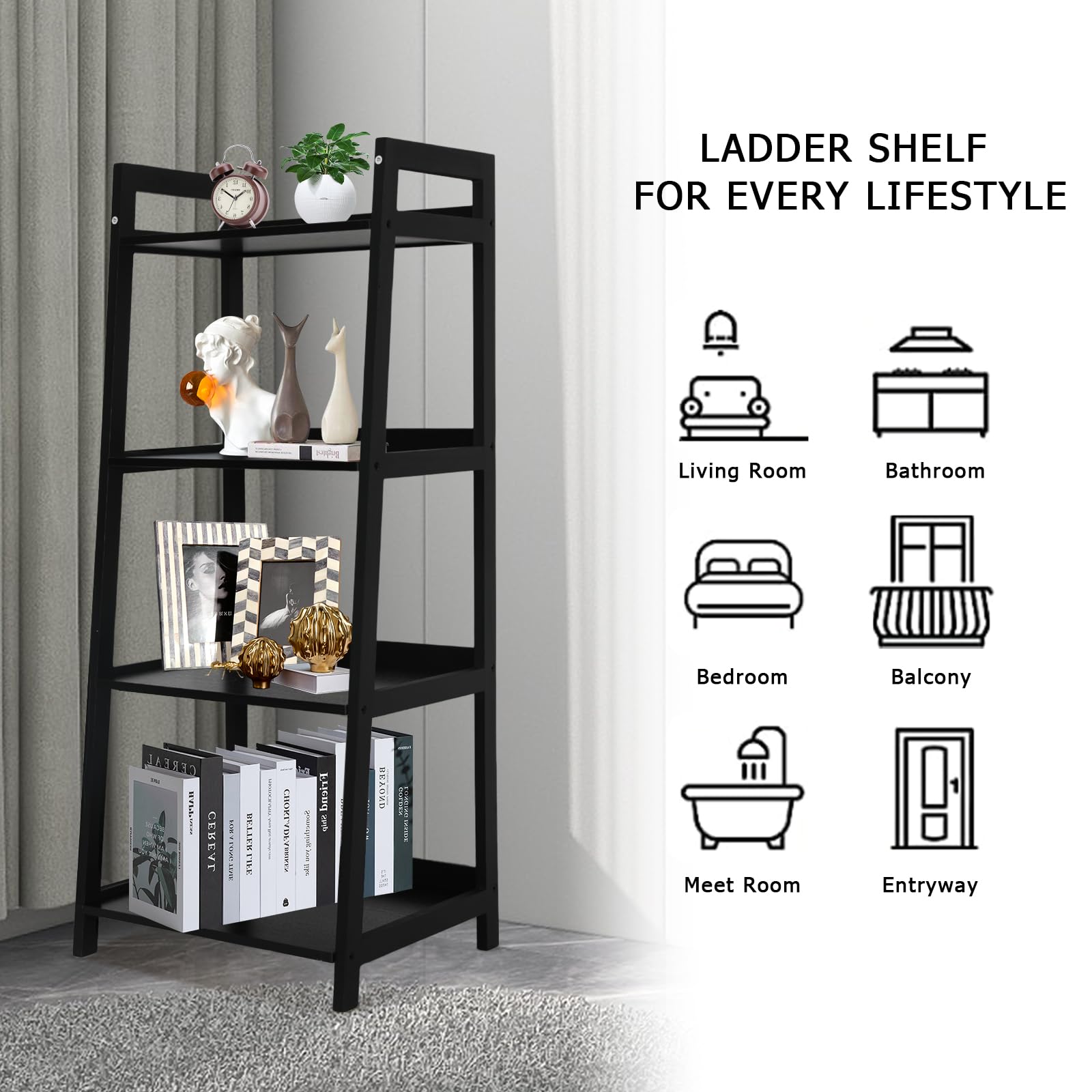 ECOMEX 4-Tier Ladder Shelf Modern Style Shelf, Ladder Bookshelf Open Storage Rack Wood Ladder Shelf with Solid Pine Frame, Freestanding Ladder Shelves for Home Office, Bedroom (Black)