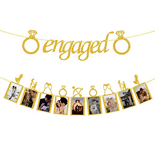 Engagement Wedding Decorations, Gold Engaged Banner and Photo Banner with Romantic Memories Picture Card Frames for Engaged / Wedding / Anniversary / Valentines Day Party