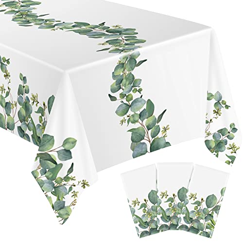 Remagr Eucalyptus Leaf Tablecloths Plastic Sage Greenery Table Cover Rectangle Disposable Green Leaves Cloths Decorations for Baby Bridal Shower Birthday Spring Summer Party, 108 x 54 Inch (3 Pcs