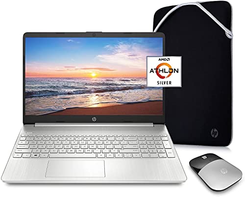 HP 15.6" HD Laptop Computer 2022, AMD Athlon Silver 3050U (Beats i3-7100U) Up to 3.2GHz, 16GB RAM, 256GB SSD, Webcam, USB-C, Wins 10 W/ 1 Year of Microsoft365, Mouse, Sleeve, Silver