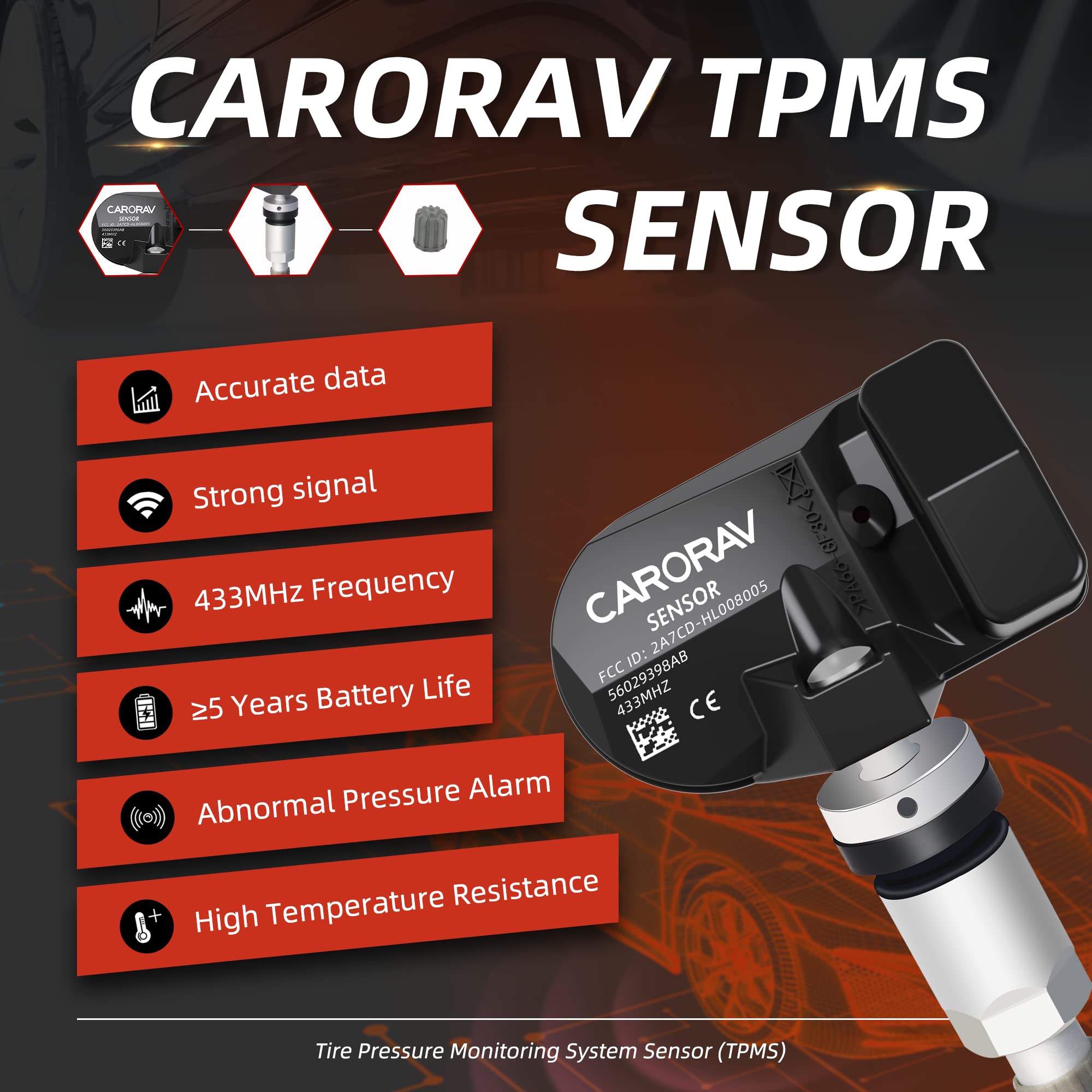 CARORAV TPMS Sensor, 4-Pack Tire Pressure Sensor Replacement for Chrysler Jeep Dodge Ram, 433MHz OE Replaces#56029398AB 68142397AA 68241067AA 68241067AB