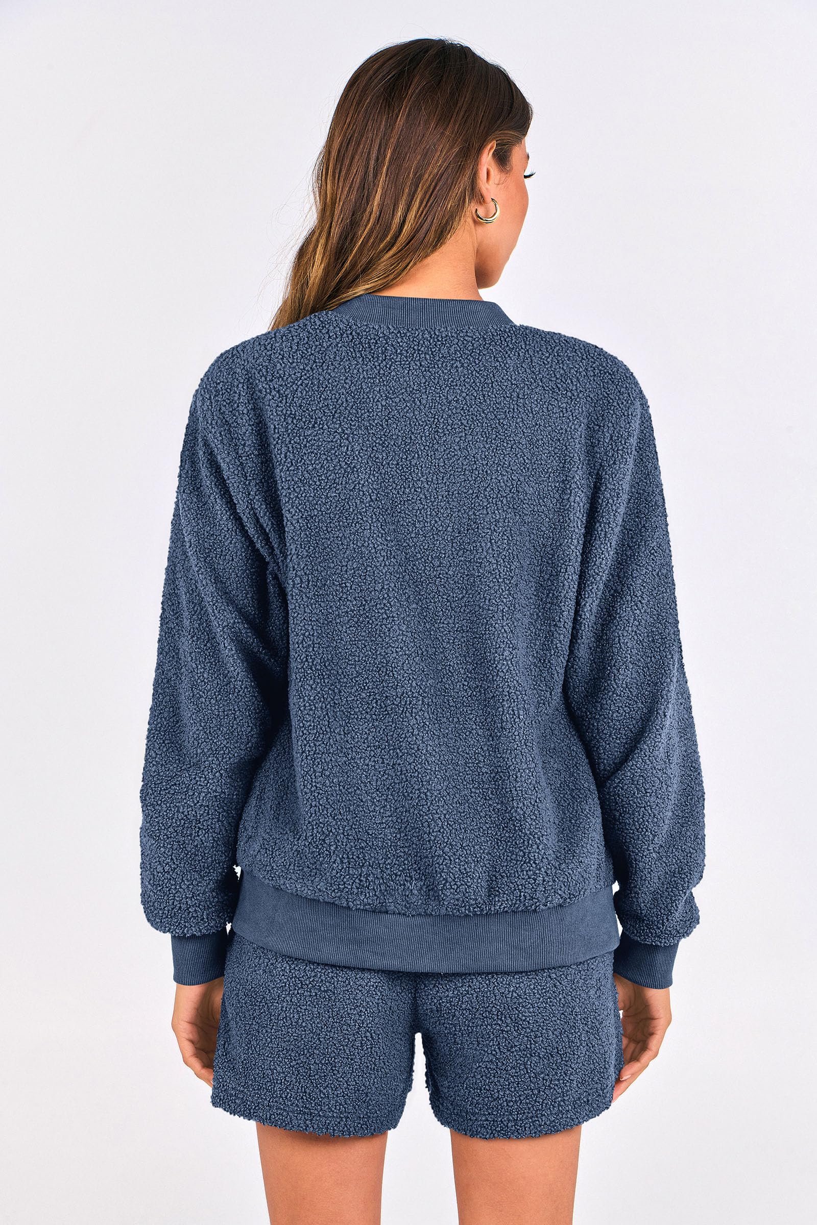 PRETTYGARDEN Women's Fall 2 Piece Outfits Casual Zip Up Teddy Fleece Jacket And Lounge Shorts Jogger Sets (Grey Blue,Large)