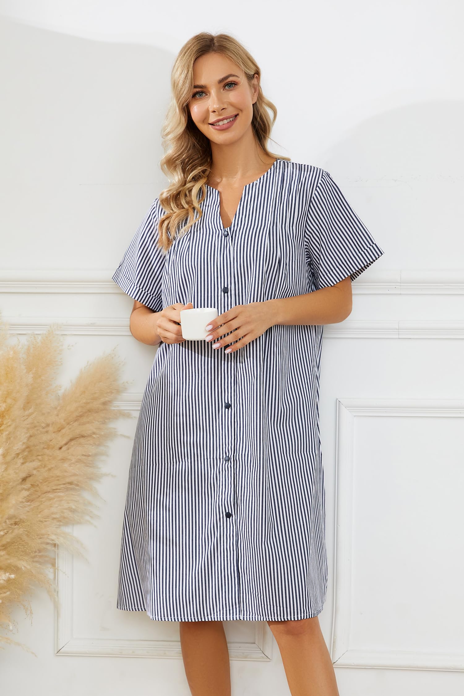 YOZLY House Dress Women Cotton Duster Robe Short Sleeve Housecoat Button Down Nightgown Navy Blue XX-Large