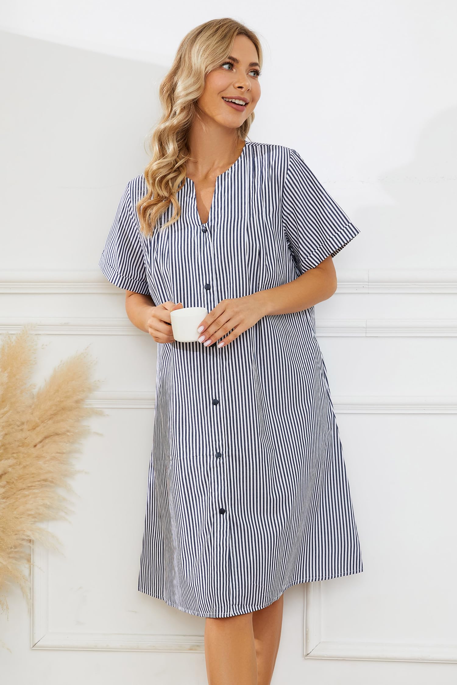 YOZLY House Dress Women Cotton Duster Robe Short Sleeve Housecoat Button Down Nightgown Navy Blue XX-Large