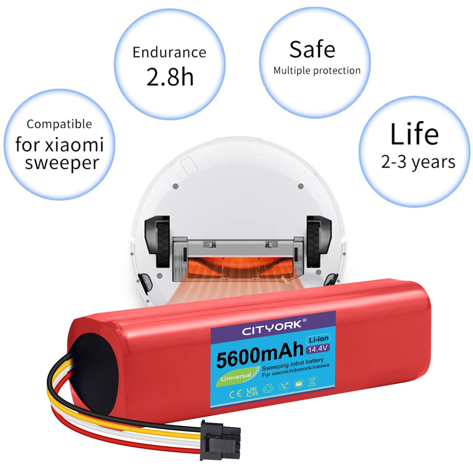 CITYORK Replacement Battery for Xiaomi Roborock S4 S4 Max S5 S5 Max S6 S7 S55 S50 S51 S55, for Xiaowa C10 E25 E20 E35 Vacuum Robot Cleaner, 5600mAh 14.4V