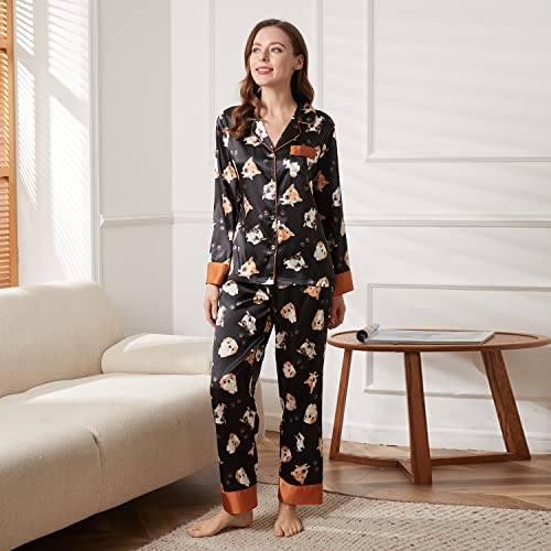 Belle Heure Women’s Silk Satin Classic Long Sleeve Pajamas Button Down Silky Floral Animals Pattern Set Loungewear Sleepwear