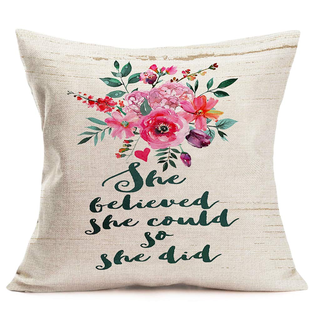 Fukeen Floral Saying Decorative Pillow Covers Inspirational Quotes Home Decor Cotton Linen Throw Pillow Cases Square Standard 18x18 Inch Pillowcase Cushion Cover, She Believed She Could So She Did
