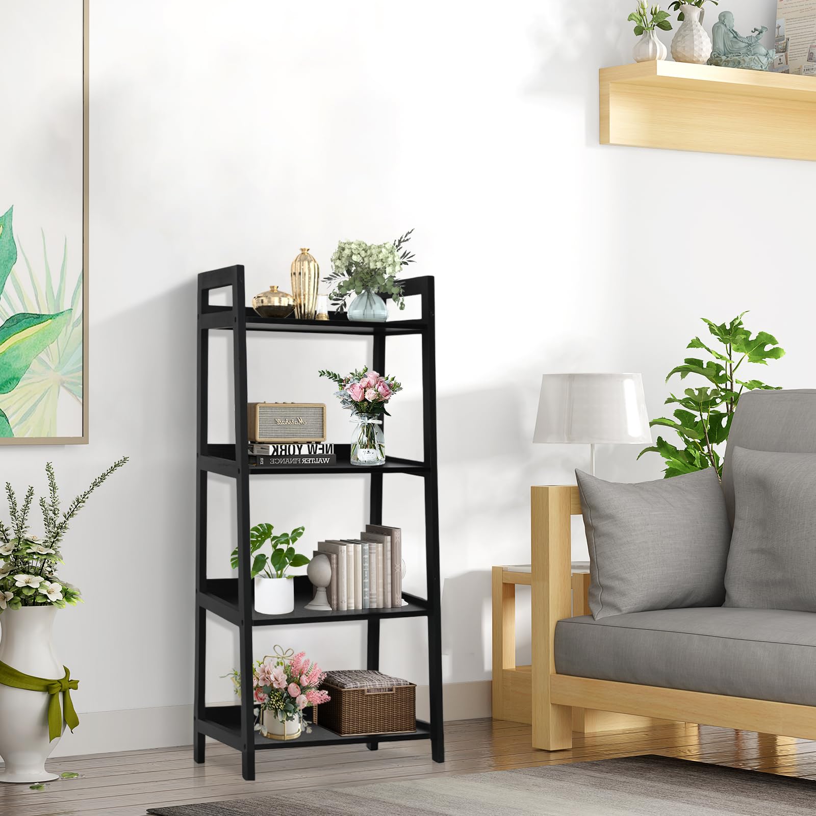 ECOMEX 4-Tier Ladder Shelf Modern Style Shelf, Ladder Bookshelf Open Storage Rack Wood Ladder Shelf with Solid Pine Frame, Freestanding Ladder Shelves for Home Office, Bedroom (Black)