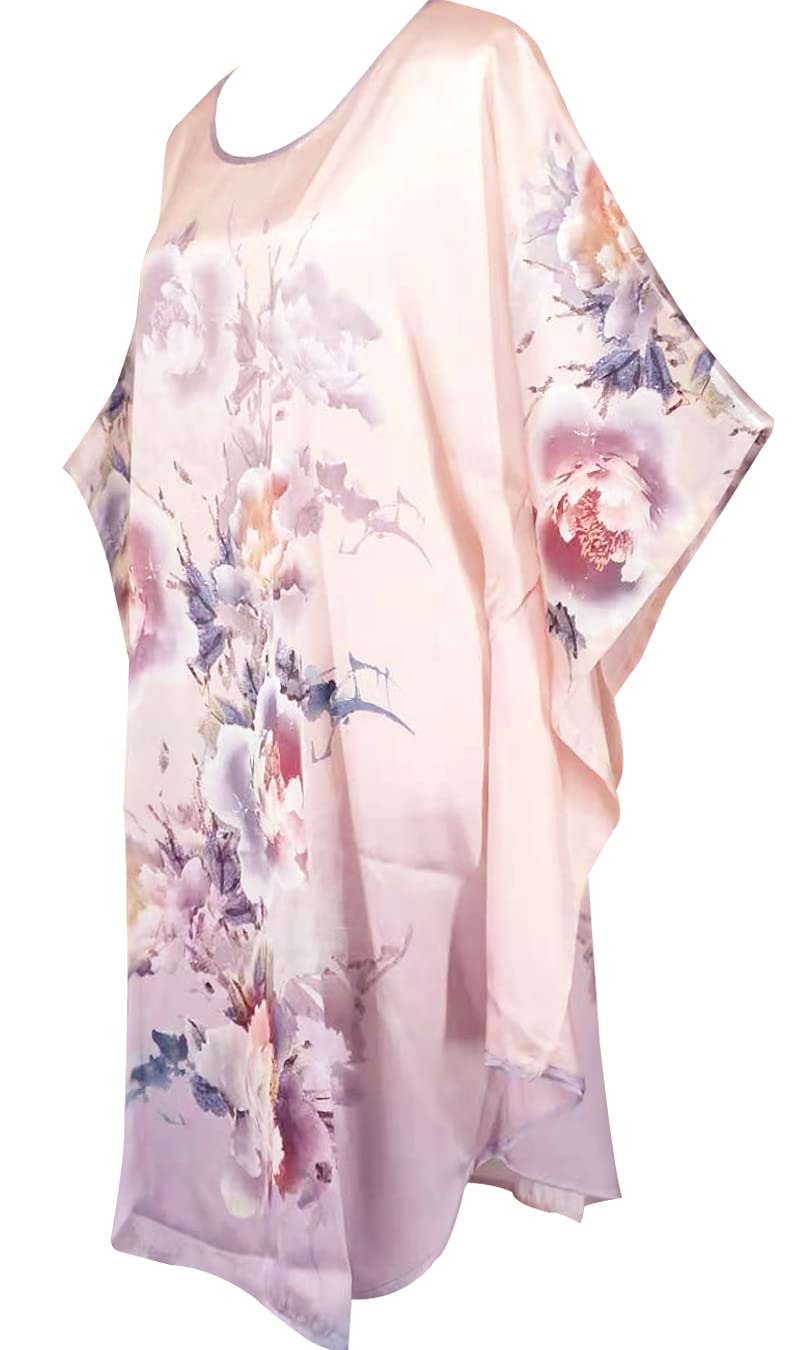 Kwedhonjh lady 100% silk pajamas, bat sleeve bathrobe - floral pattern (Anonymous flower light pink-1)