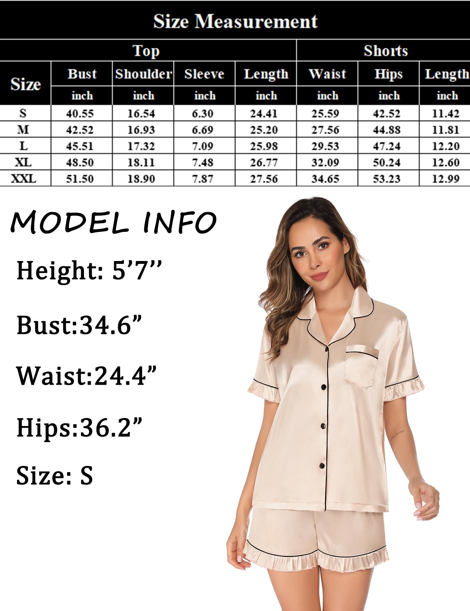 SWOMOG Silk Satin Pajamas for Women Short Sleeve Pjs Sets Button-Down Sleepwear Loungewear Ruffle Hem Nightwear Champagne