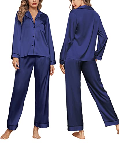 DUWMCON Button Up Pajama Set for Women Silk Satin Long Sleeve Top and Pajama Pants Sleepwear Soft Pjs Lounge Sets Navy Blue XL