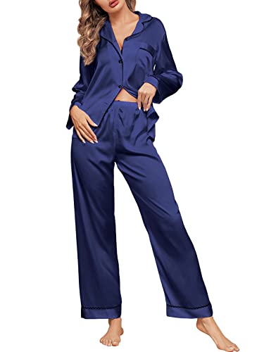 DUWMCON Button Up Pajama Set for Women Silk Satin Long Sleeve Top and Pajama Pants Sleepwear Soft Pjs Lounge Sets Navy Blue XL