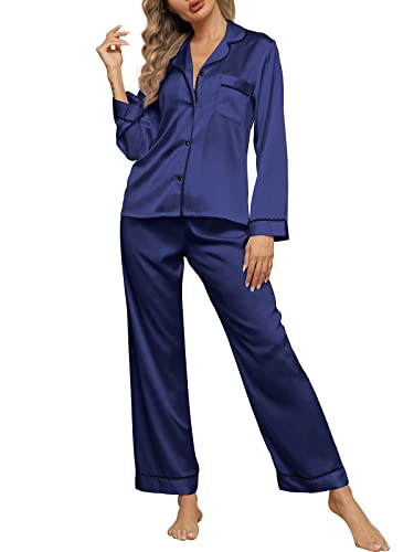 DUWMCON Button Up Pajama Set for Women Silk Satin Long Sleeve Top and Pajama Pants Sleepwear Soft Pjs Lounge Sets Navy Blue XL