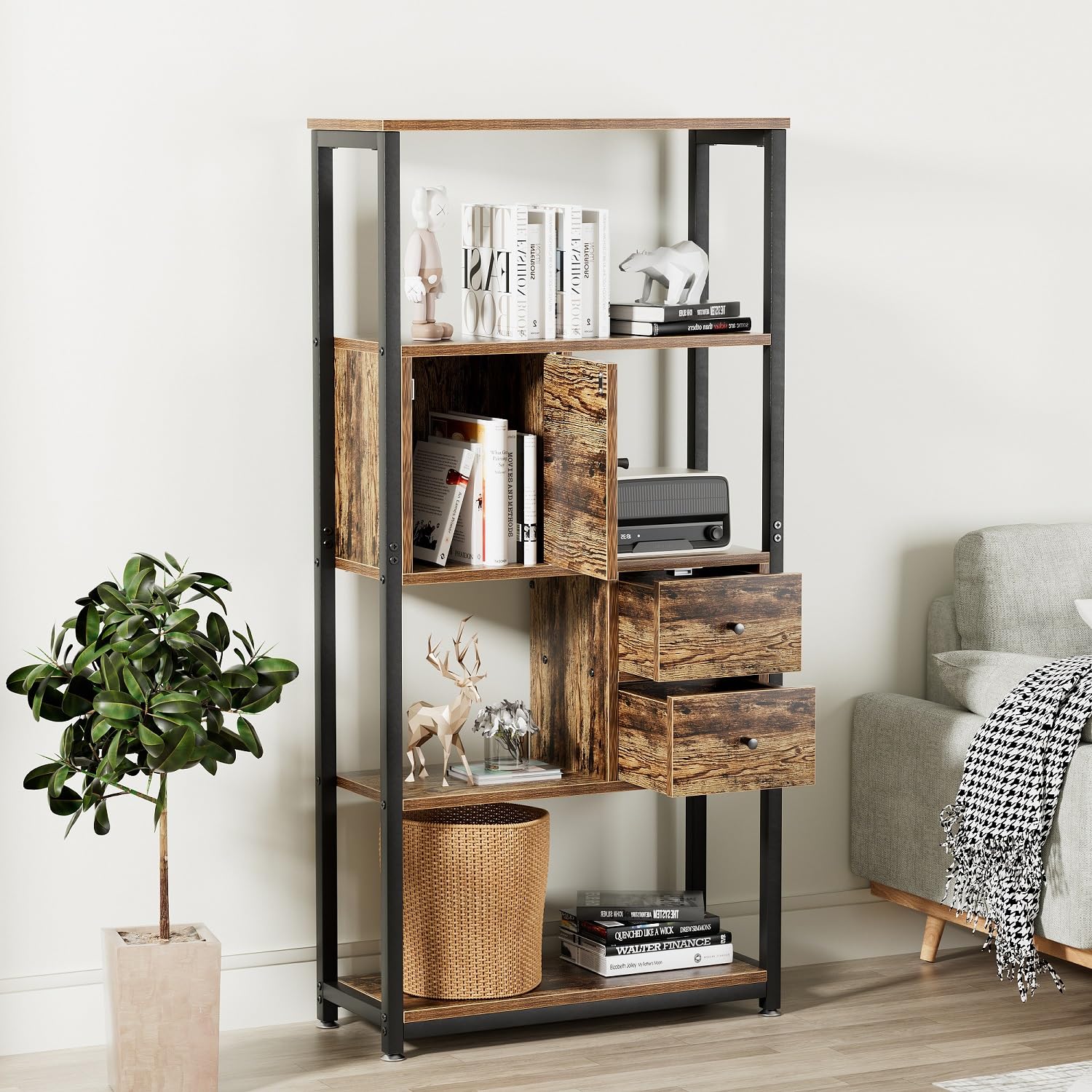 VECELO Bookcase with Doors/Drawers, Industrial 4-Tier Bookshelf Display Shelf Storage Cabinet for Books, Photos, Decorations, in Living Room,Bedroom, Home Office, Rustic Brown