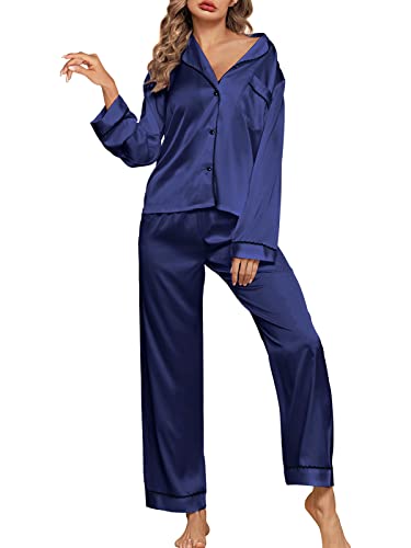 DUWMCON Button Up Pajama Set for Women Silk Satin Long Sleeve Top and Pajama Pants Sleepwear Soft Pjs Lounge Sets Navy Blue XL
