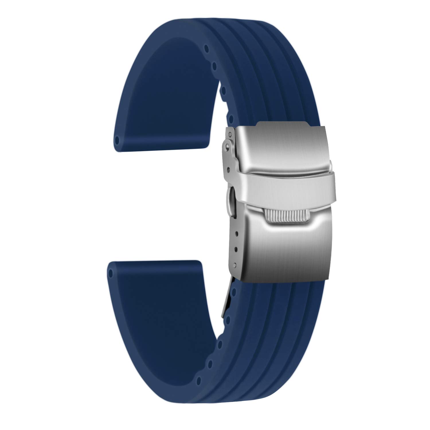 ULLCHRO Silicone Watch Strap Replacement Rubber Watch Band Waterproof Stripe Pattern - 16mm, 18mm, 20mm, 22mm, 24mm Watch Bracelet with Stainless Steel Deployment Buckle (16mm, Blue)