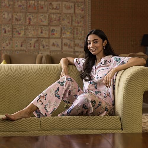 Anuschka Women’s Printed Pajama Set - Sleepwear Collection Made with 100% Recycled Poly Silk - Butterfly Melody, XL