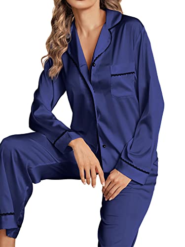 DUWMCON Button Up Pajama Set for Women Silk Satin Long Sleeve Top and Pajama Pants Sleepwear Soft Pjs Lounge Sets Navy Blue XL