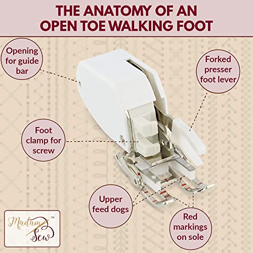 Madam Sew Open Toe Walking Foot for Quilting and Sewing | Stitch Through Multiple Layers and Match Prints | Compatible with Low-Shank Sewing Machine | Brother, Singer, Janome, Babylock & More