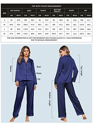 DUWMCON Button Up Pajama Set for Women Silk Satin Long Sleeve Top and Pajama Pants Sleepwear Soft Pjs Lounge Sets Navy Blue XL