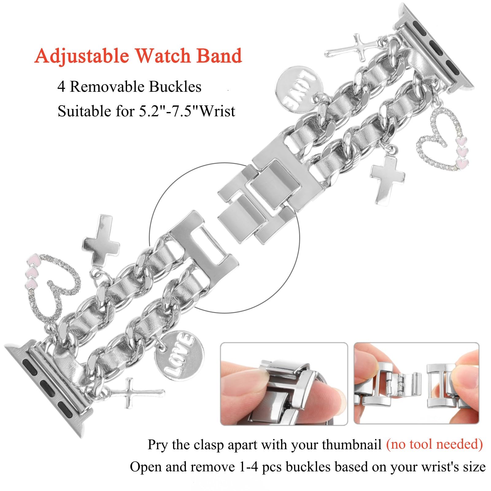 REALSIGN Stylish Metal Wristband Compatible with Apple Watch 38mm, 40mm, 41mm, Series 9, 8, 7, 6, 5, 4, 3, 2, 1, Silver Leather