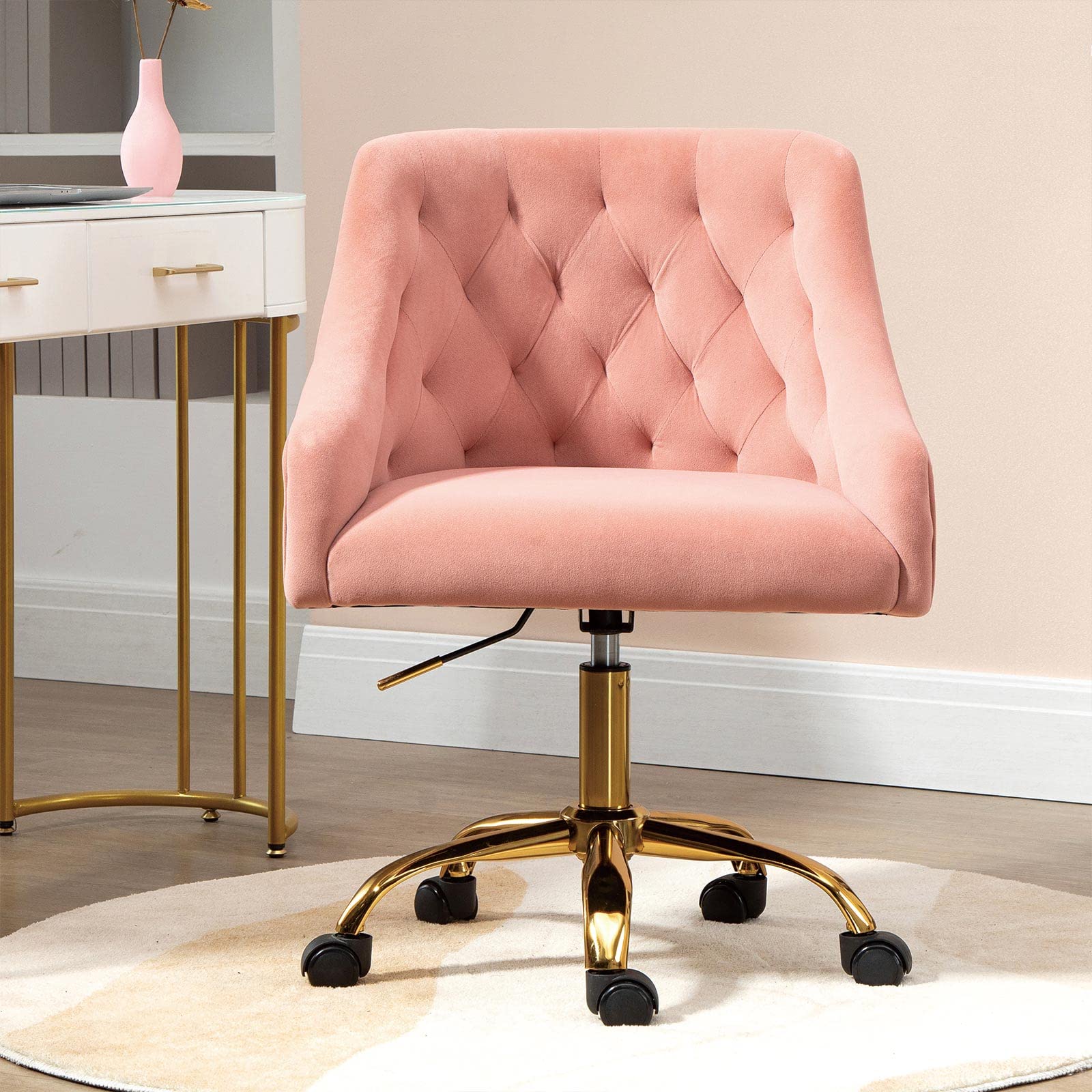 Modern Home Office Chair, Free Lift Chair, Velvet Swivel Armchair, Velvet Office Chair with Soft Seat (Pink)