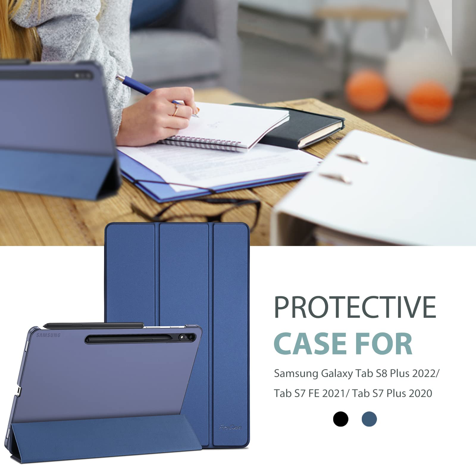 ProCase Cover for Galaxy Tab S8 Plus 2022/ Tab S7 FE 2021/ Tab S7 Plus 2020 12.4 inch Case, Protective Slim Case Folio Hard Back Smart Cover for 12.4” Galaxy Tab S8+ / S7 FE / S7+ -Navy
