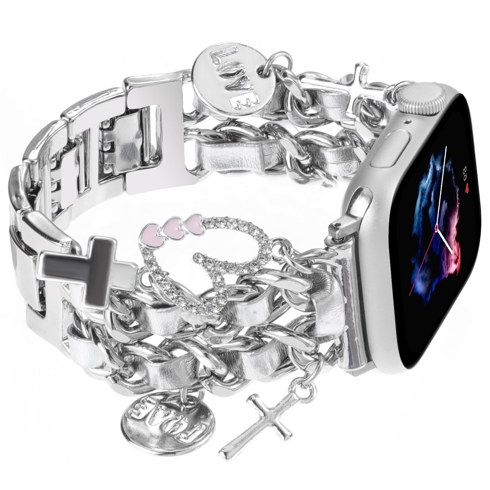 REALSIGN Stylish Metal Wristband Compatible with Apple Watch 38mm, 40mm, 41mm, Series 9, 8, 7, 6, 5, 4, 3, 2, 1, Silver Leather