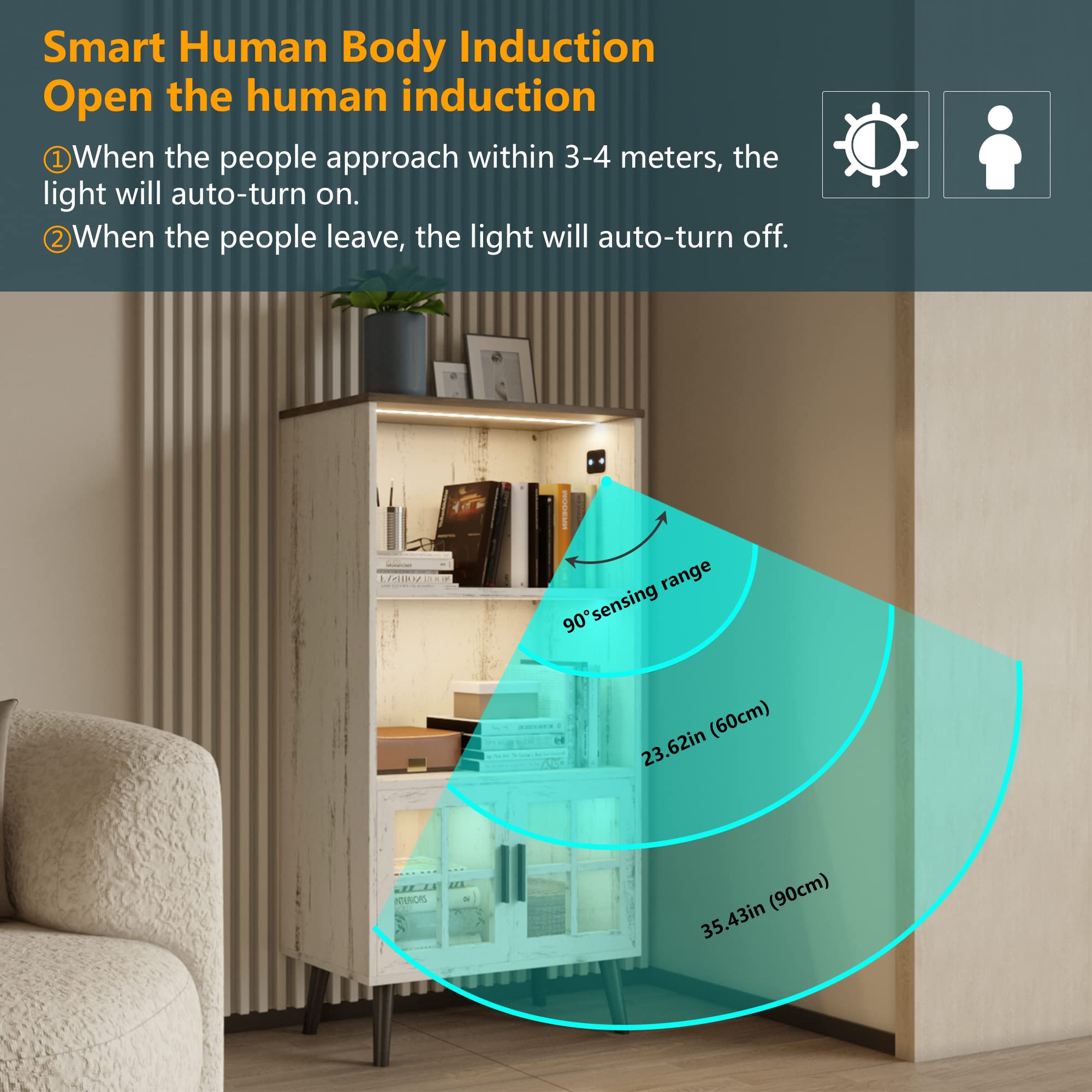 LVSOMT 3 Shelf Bookcase with LED Lights,Book Case with 2 Open Shelves, Storage Cabinet with Door, Human Body Induction Mode, Modern Wood Bookshelf for Bedroom/Living Room/Office, White