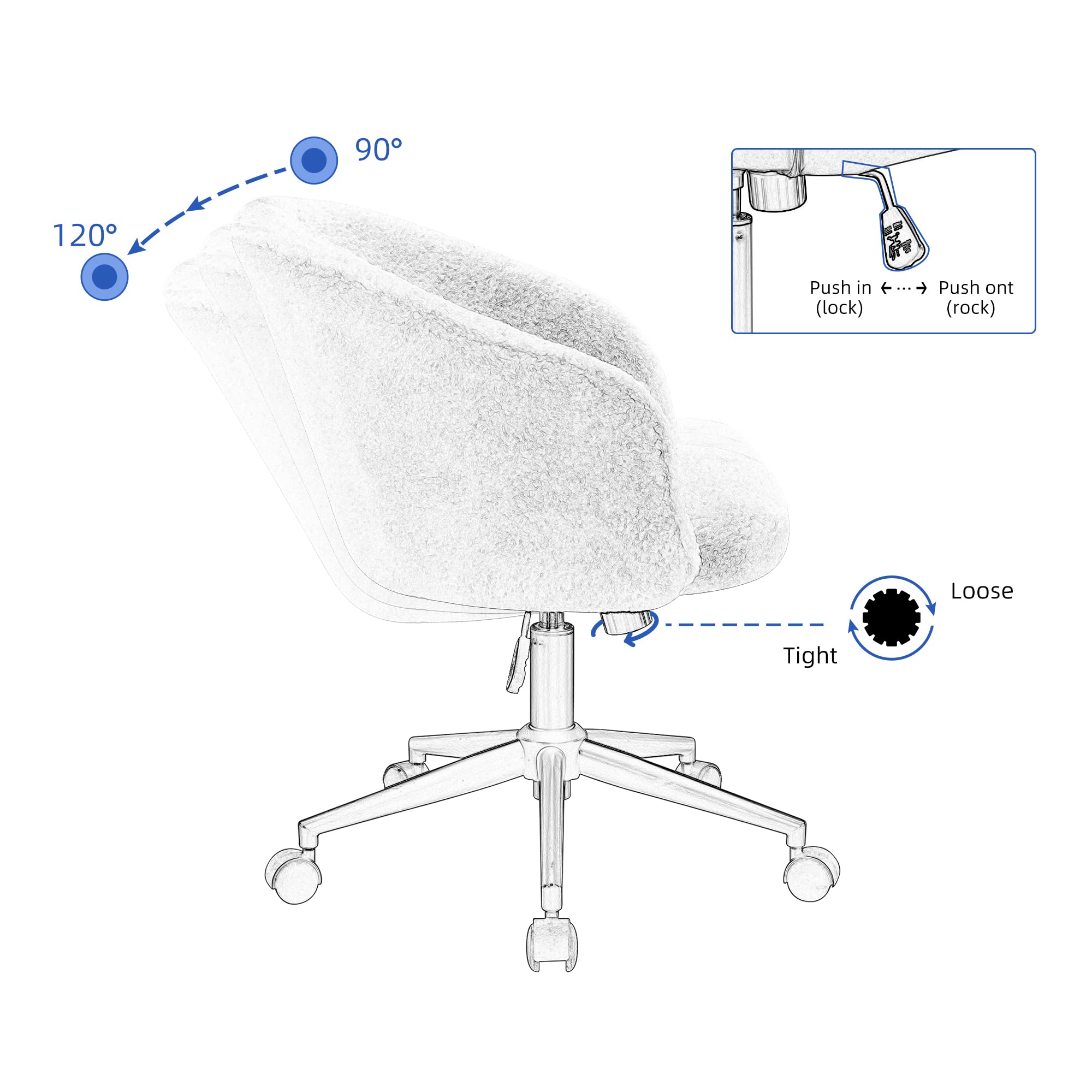TURRIDU Faux Fur Accent Chair, Swivel Office Chair, Upholstered Living Room Chair with Arm and Back, Height Adjustable, Back Angle Adjust from 90° to 120°