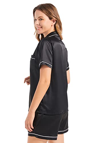 JULGIRL Women's Silk Satin Pajamas Short Sleeve Shorts Loungewear Two-Piece Button-Down Pj Set (X-Large, Black)