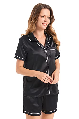 JULGIRL Women's Silk Satin Pajamas Short Sleeve Shorts Loungewear Two-Piece Button-Down Pj Set (X-Large, Black)