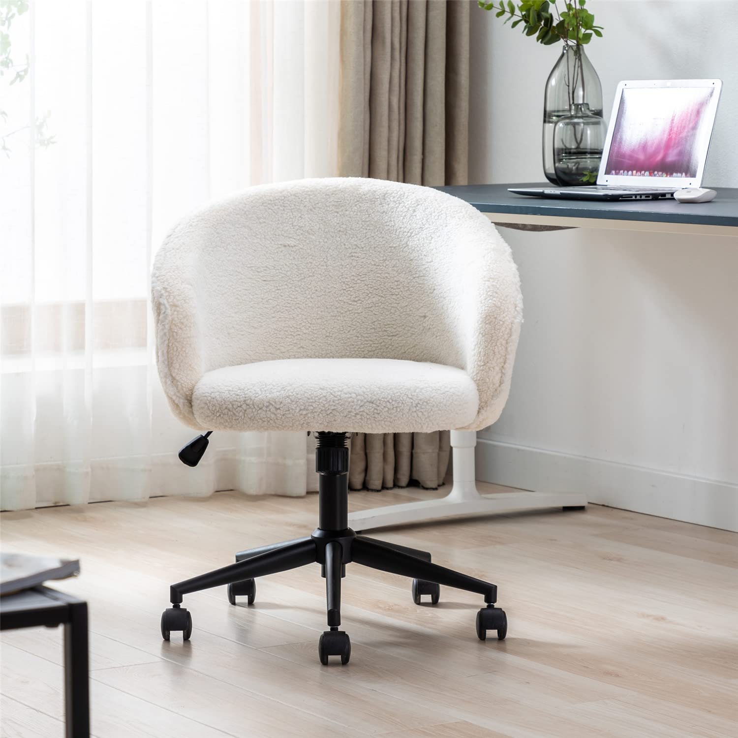 TURRIDU Faux Fur Accent Chair, Swivel Office Chair, Upholstered Living Room Chair with Arm and Back, Height Adjustable, Back Angle Adjust from 90° to 120°