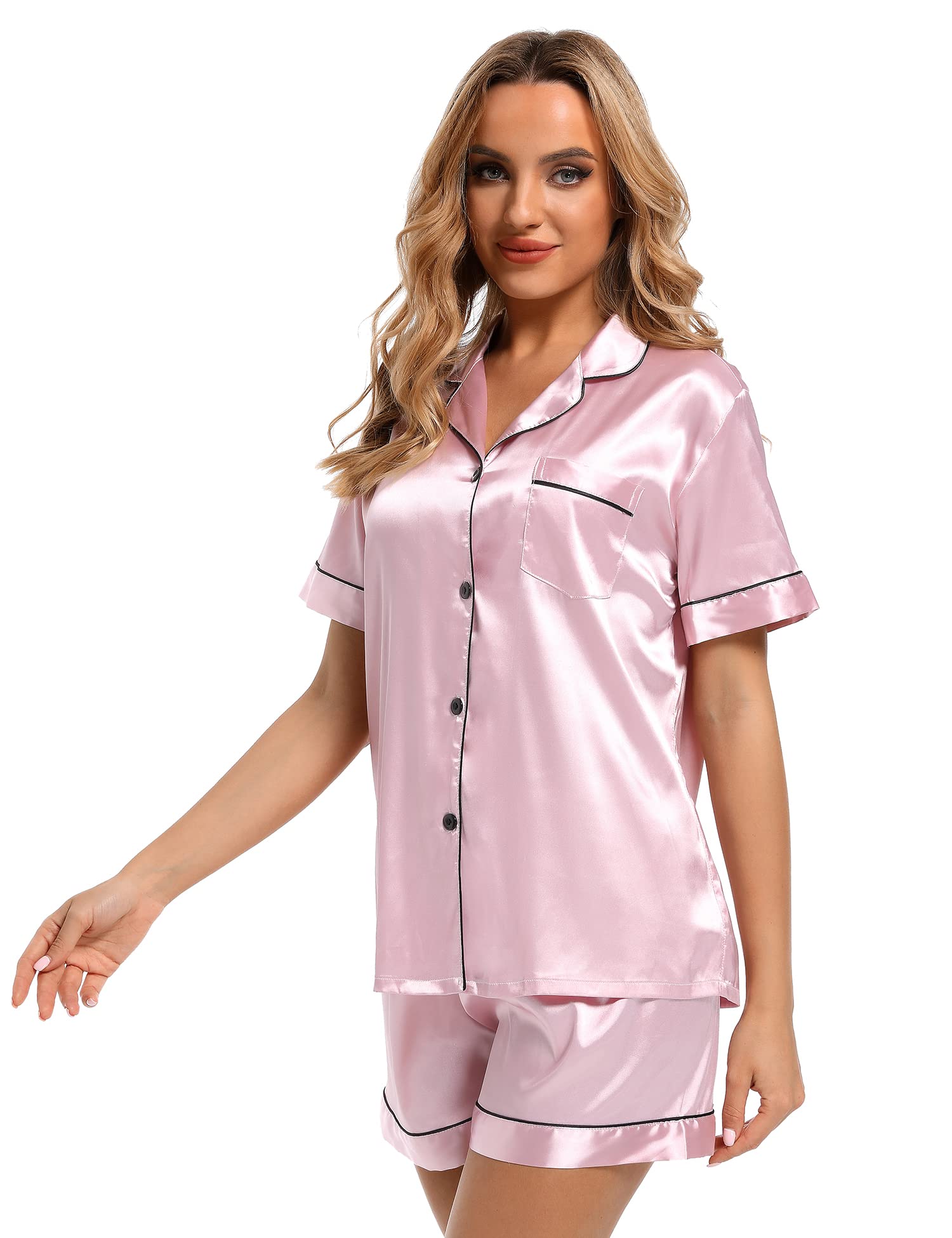 Finvizo Womens Silk Satin Pajamas Set: Soft Short Sleeve Two-piece Pjs Silky Button-down Sleepwear Loungewear Shorts Set,Pink S