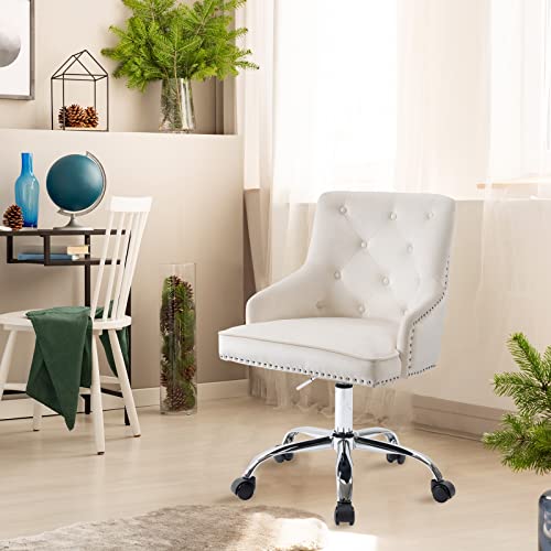 ATTICA Home Office Desk Chair with Soft Foam Seat Cushion 360 Degree Swivel and Rivets Design, Velvet Office Chair(White)