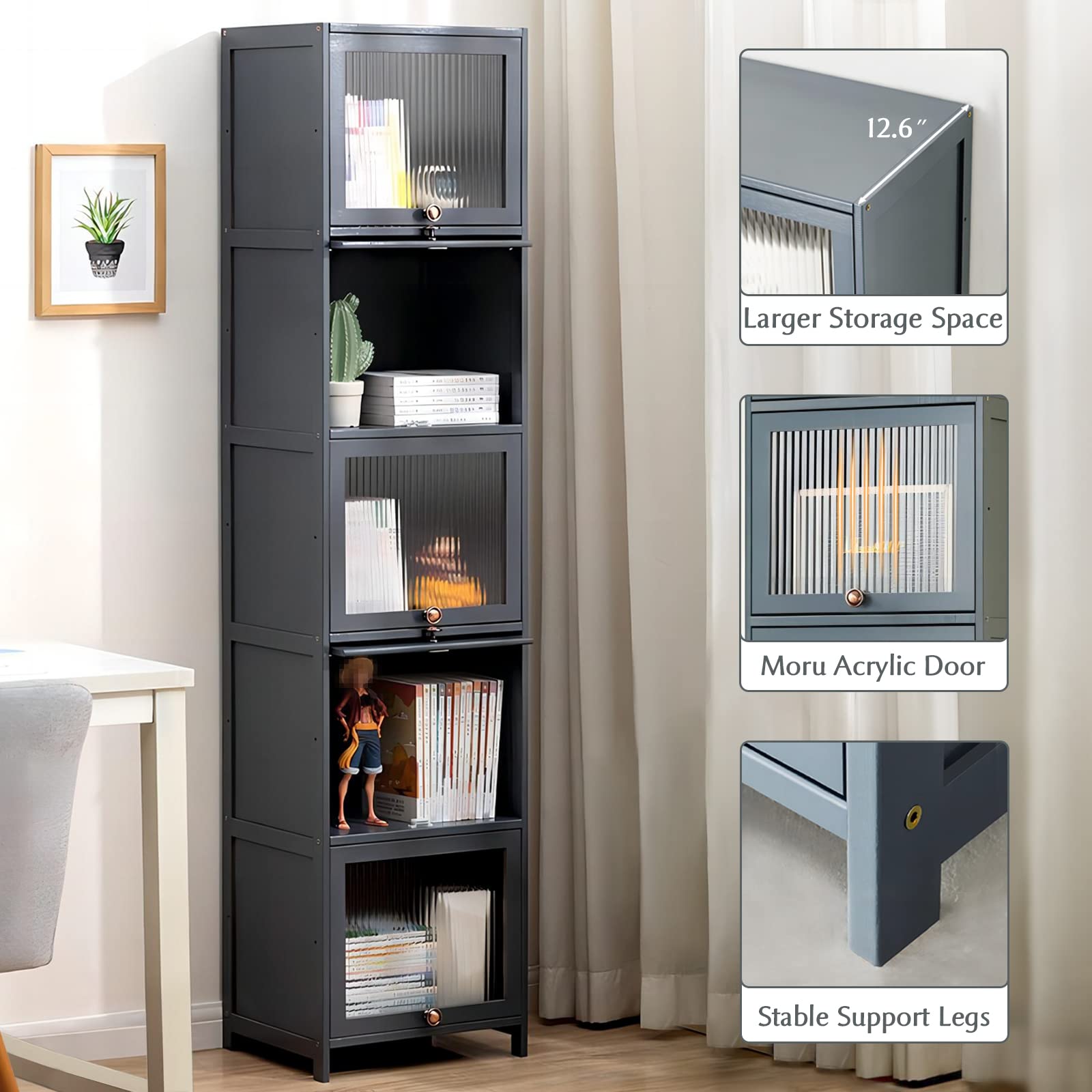 IOTXY Small Narrow Shelf Bookcase - 5-Tier Bamboo Corner Bookshelf with Moru Acrylic Doors, Freestanding Tall Skinny Storage Organizer Rack, for Living Room, Kitchen, Bedroom, Gray, 15.7" W