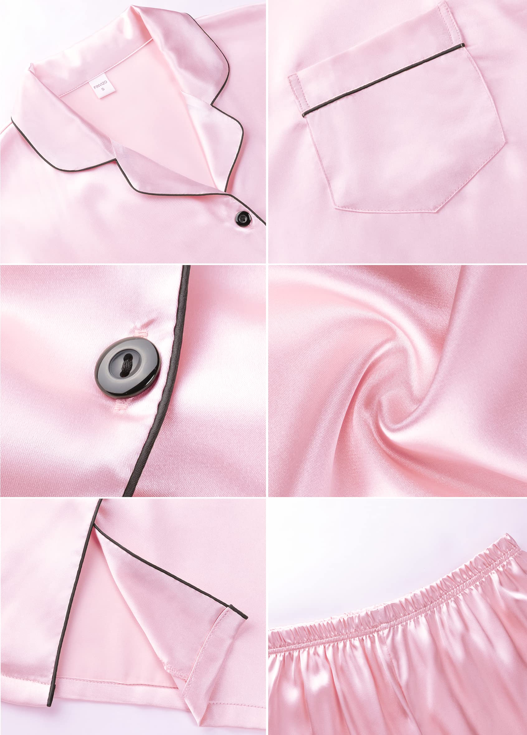 Finvizo Womens Silk Satin Pajamas Set: Soft Short Sleeve Two-piece Pjs Silky Button-down Sleepwear Loungewear Shorts Set,Pink S