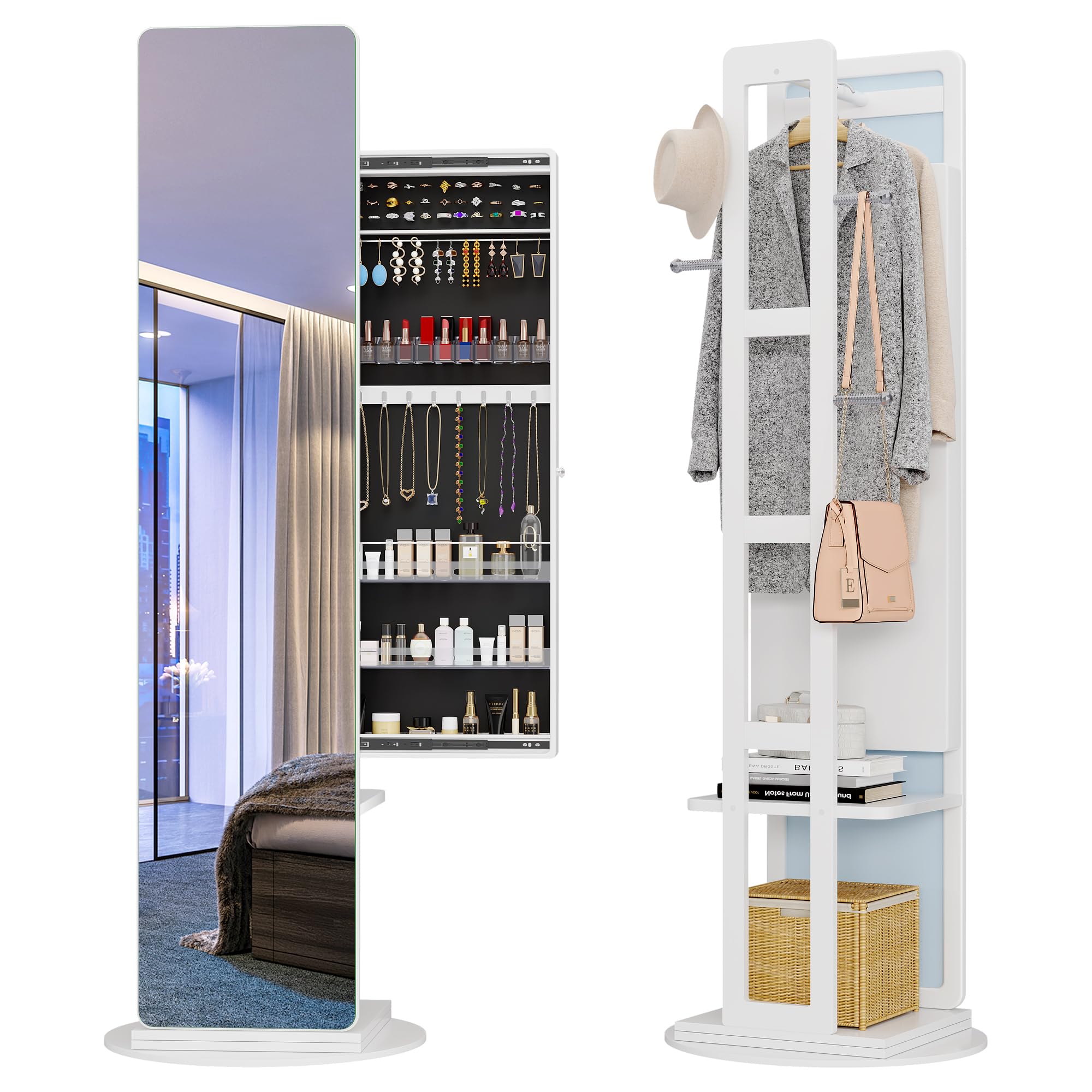 LVSOMT 360° Swivel Jewelry Armoire, Rotatable Full Length Mirror with Jewelry Storage, Standing Jewelry Cabinet with Coat Rack, White, Soild Wood