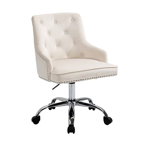 ATTICA Home Office Desk Chair with Soft Foam Seat Cushion 360 Degree Swivel and Rivets Design, Velvet Office Chair(White)