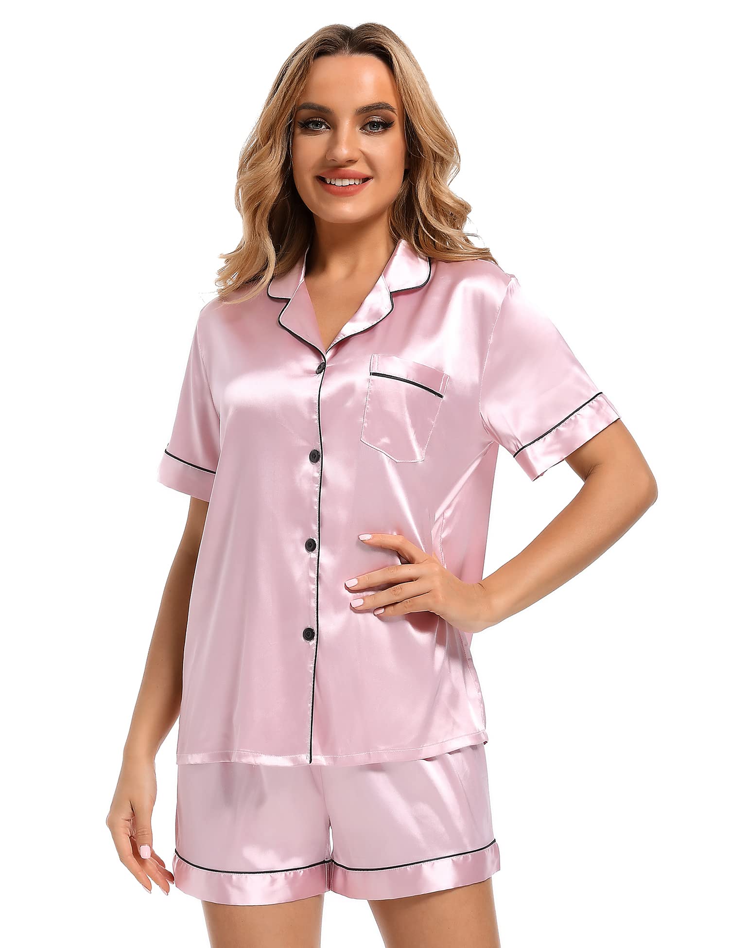 Finvizo Womens Silk Satin Pajamas Set: Soft Short Sleeve Two-piece Pjs Silky Button-down Sleepwear Loungewear Shorts Set,Pink S
