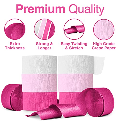Pink Crepe Paper Streamers, Pink Party Decorations - 8 Large Rolls, 2in x 120ft Each Roll - Decorative Creped Roll for Birthday, Festival, Wedding, Backdrop or Photo Booth Decoration and Flower Making