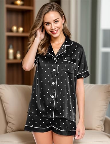 Marigulene Polka Dot Satin Pajama Set for Women Soft Pj Lounge Sets S-XXL