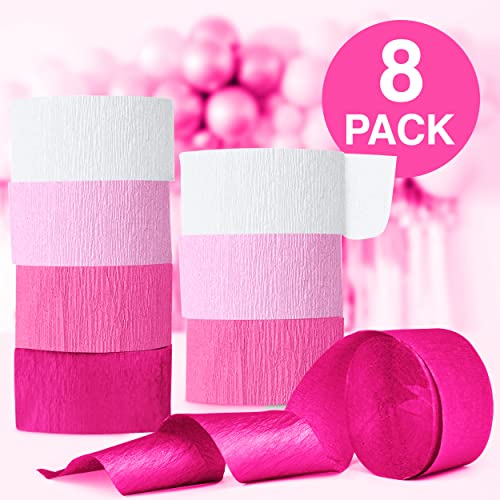 Pink Crepe Paper Streamers, Pink Party Decorations - 8 Large Rolls, 2in x 120ft Each Roll - Decorative Creped Roll for Birthday, Festival, Wedding, Backdrop or Photo Booth Decoration and Flower Making