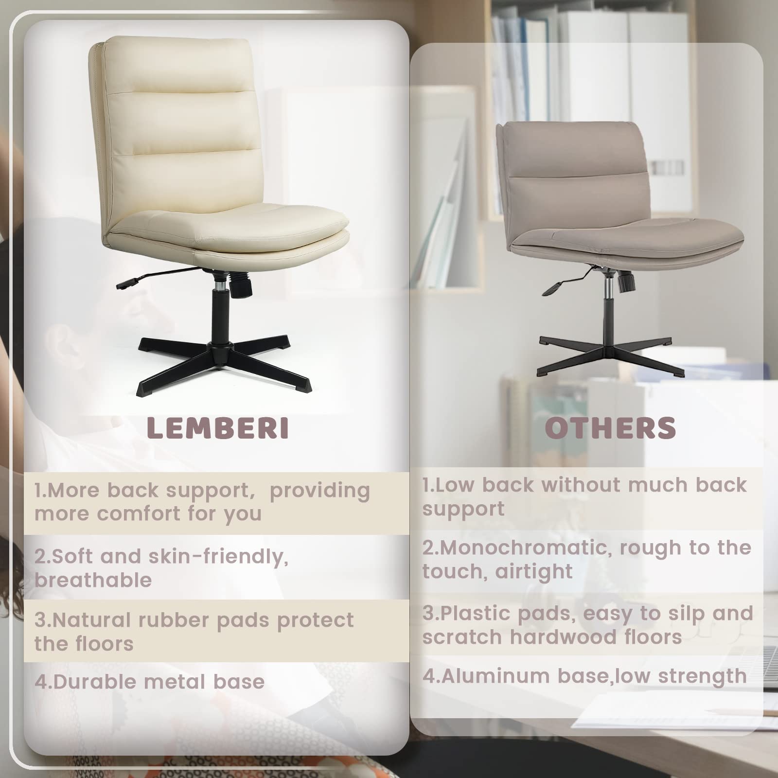 PU-Padded High-Back Armless Office Desk Chair - Modern Swivel Vanity Chair with Rocking Design, Wide Seat & No Wheels for Home Office Tasks by
