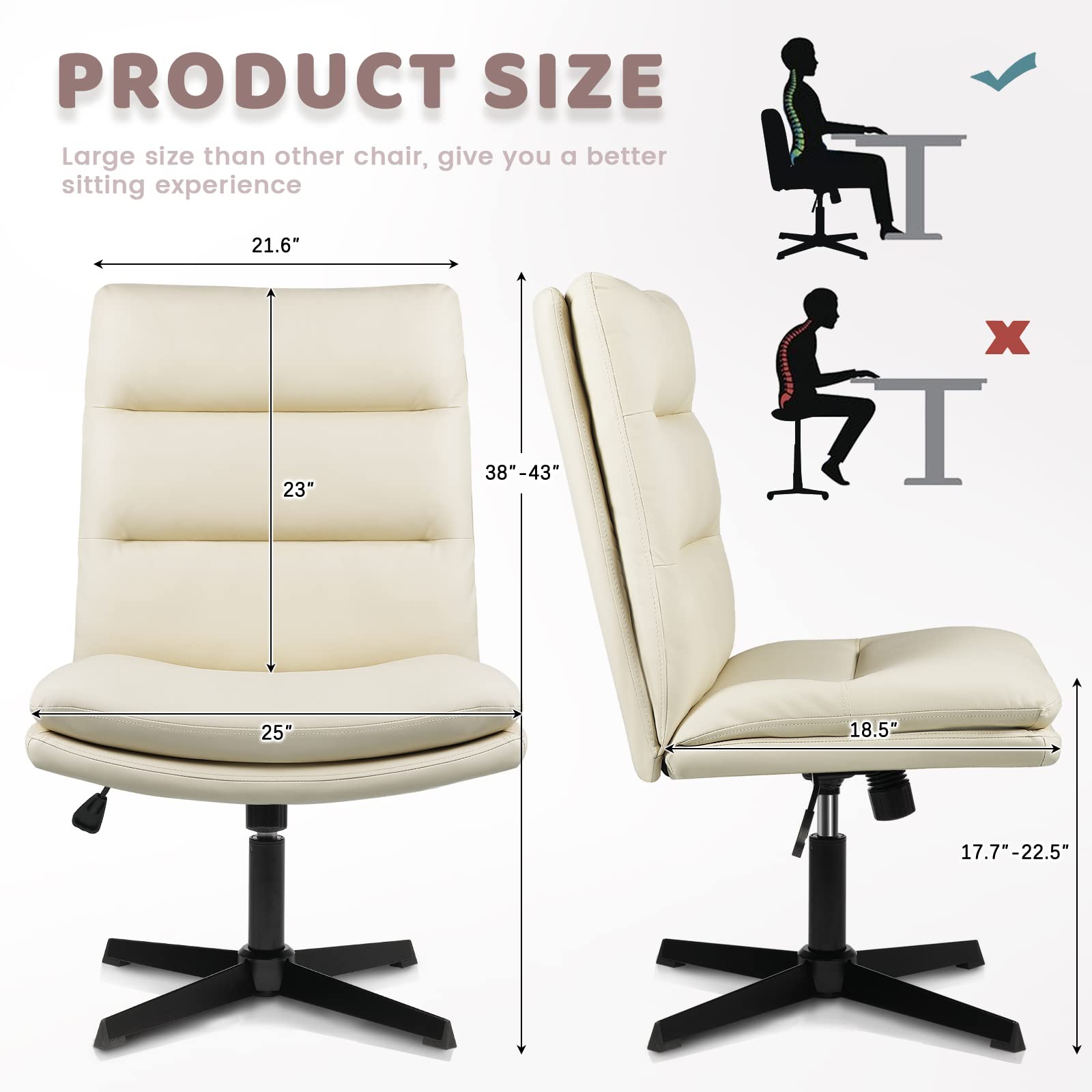 PU-Padded High-Back Armless Office Desk Chair - Modern Swivel Vanity Chair with Rocking Design, Wide Seat & No Wheels for Home Office Tasks by