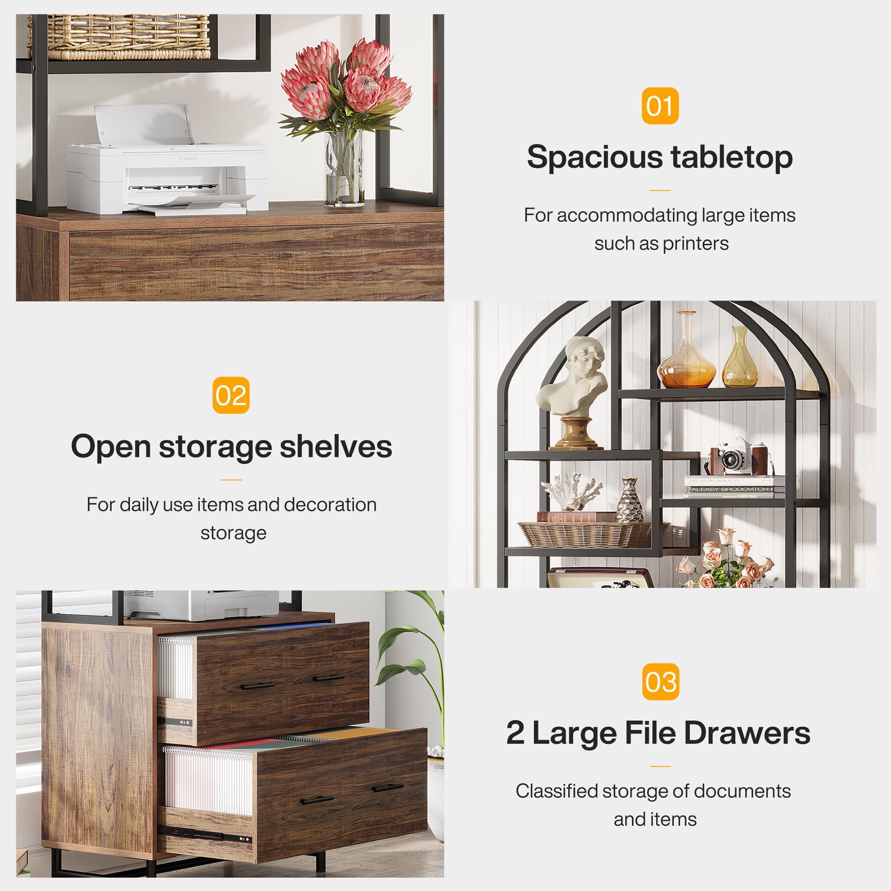 Tribesigns 4-Tier Bookshelf with 2 Drawers, Industrial Open Book Shelf Arched Bookcase, 70.8" Tall Storage Shelves Display Rack with LED Light and Metal Frame for Living Room (1, Grey)