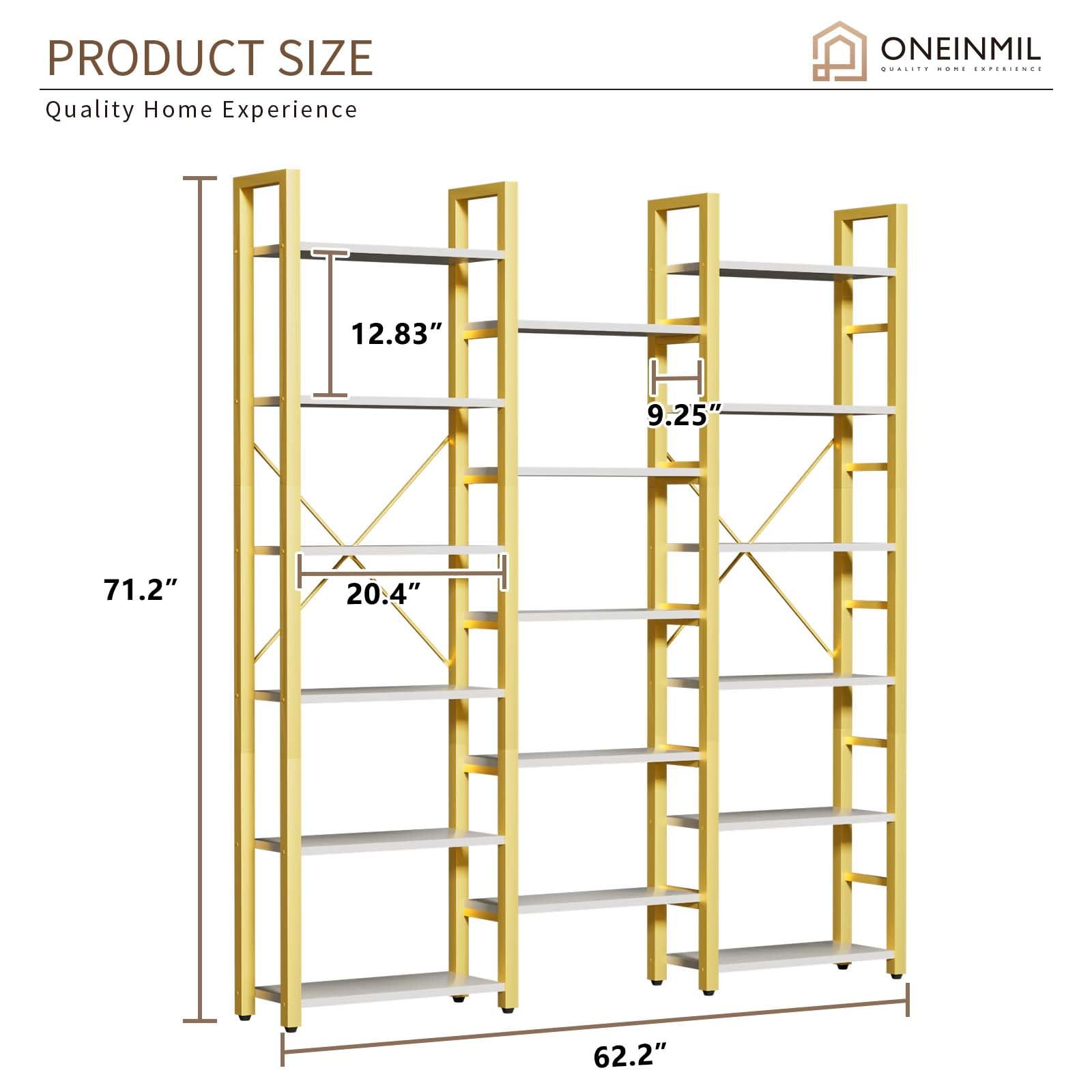 oneinmil Triple Wide 6-Shelf Bookcase Industrial Vintage Wood Style Large Open Bookshelves for Home&Office, Rustic Brown (6 Tier, White/Gold)