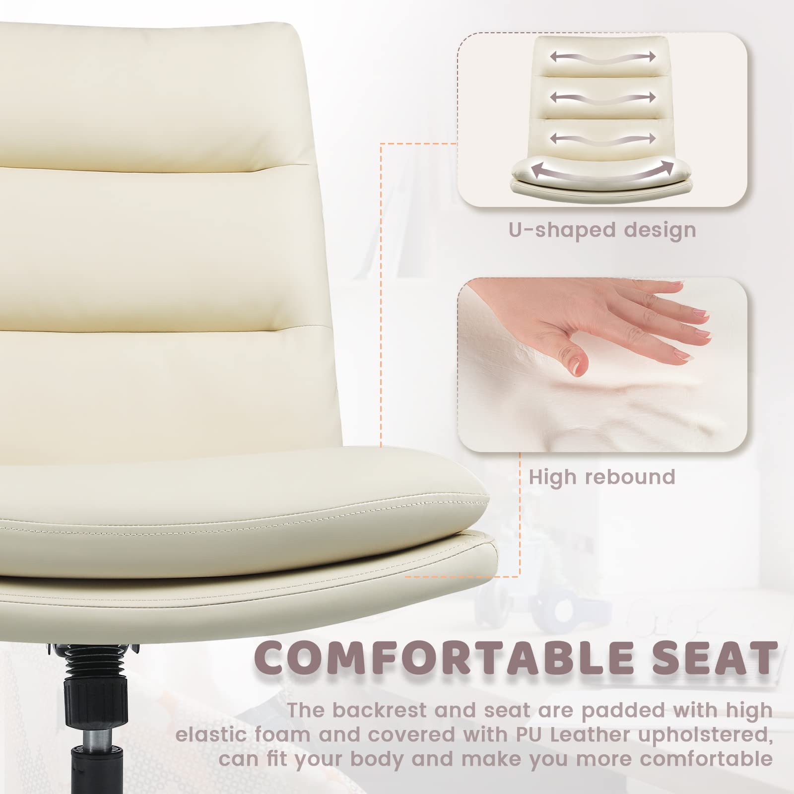 PU-Padded High-Back Armless Office Desk Chair - Modern Swivel Vanity Chair with Rocking Design, Wide Seat & No Wheels for Home Office Tasks by