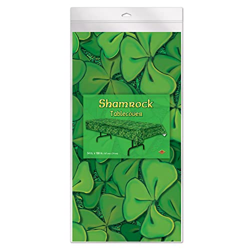 Beistle Printed Plastic Shamrock Table Cover Luck of The Irish Celebrations and Happy St. Patrick’s Day Party Supplies, 54"x108", Green