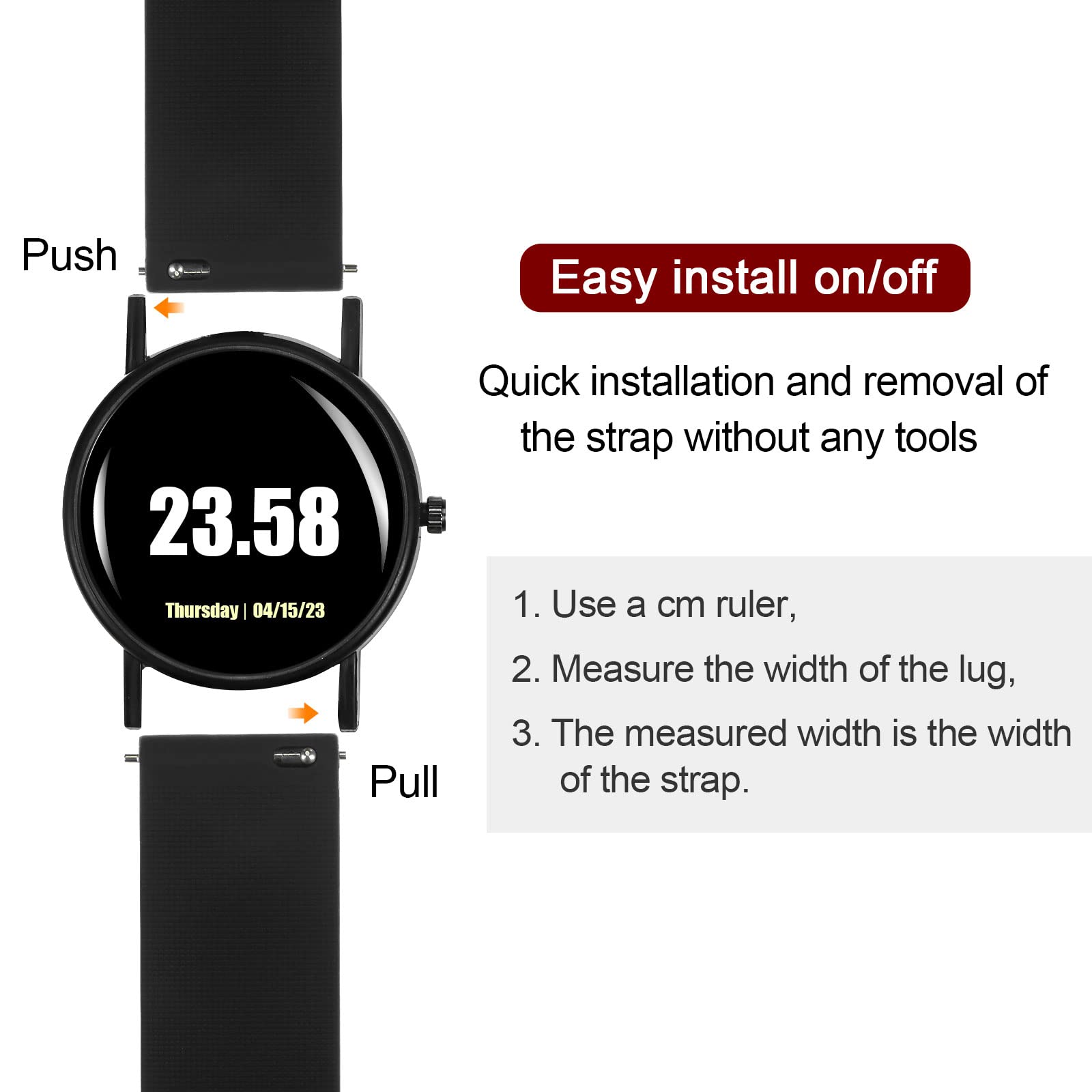 HARFINGTON Silicone Watch Band 12mm Width Quick Release Soft Rubber Replacement Watch Strap with Stainless Steel Buckle for Men Women, Black